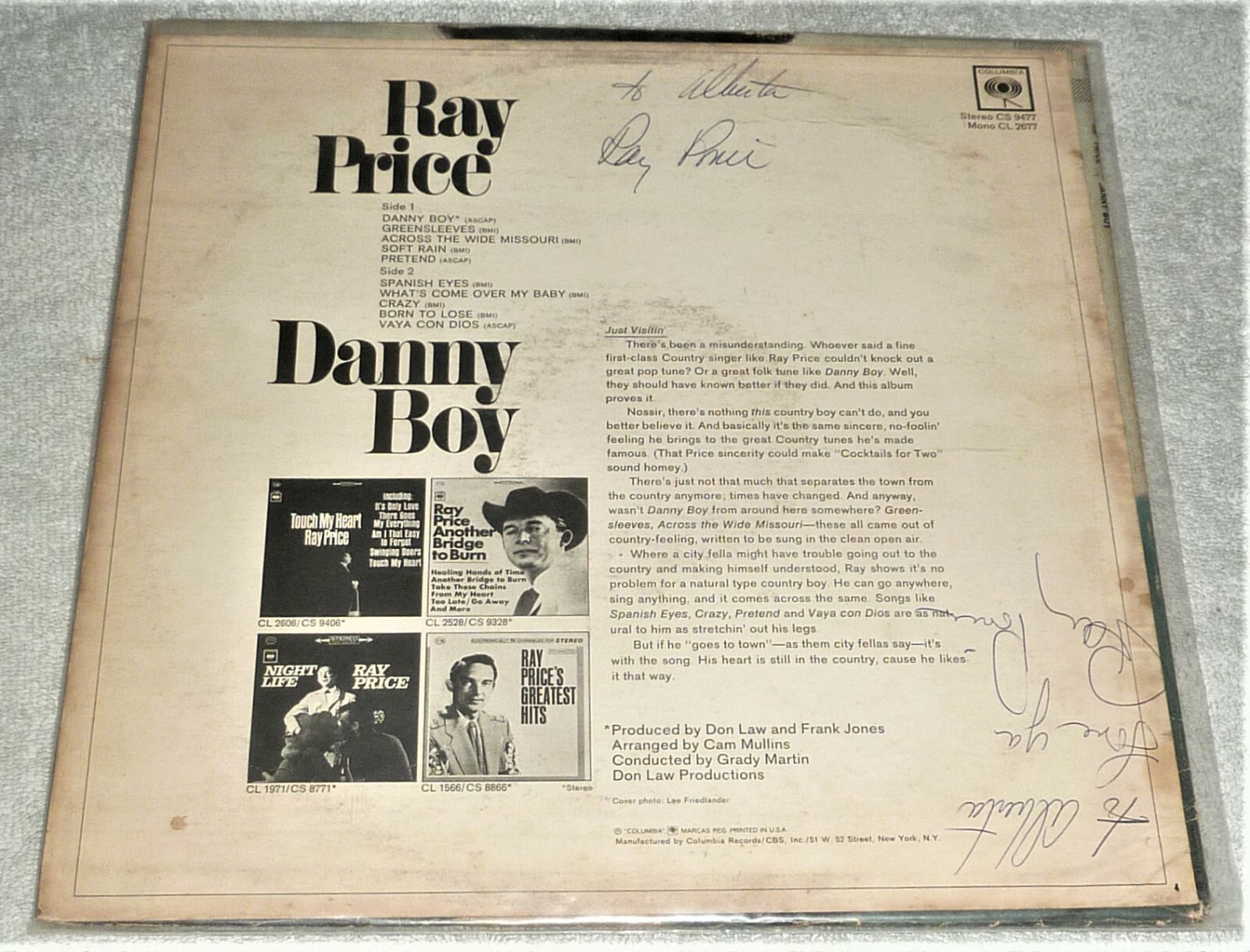 "SIGNED" VINYL LP by RAY PRICE "DANNY BOY" / 2 SIGNATURES ON BACK COVER ...