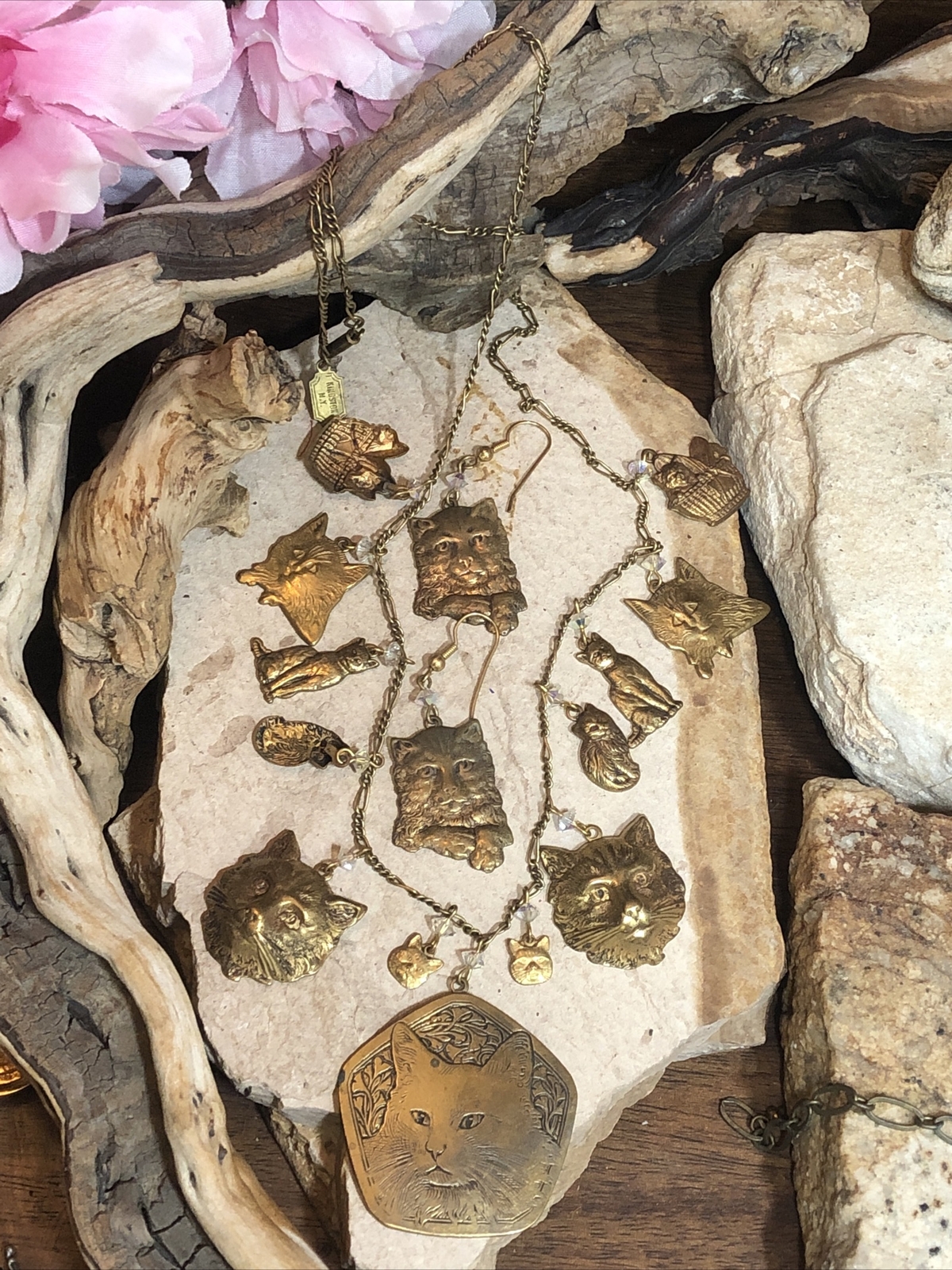 PIDIDDLY LINKS Brass Repousse Multi Cat AB Glass Crystal Necklace 24 ...