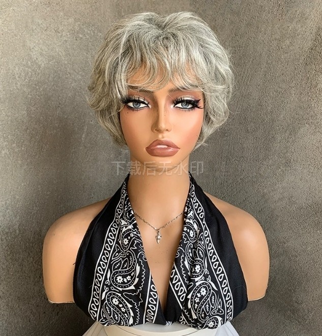 Short Silver Gray Pixie Cut Wigs 100% Human Hair Wigs with Bangs Silk ...
