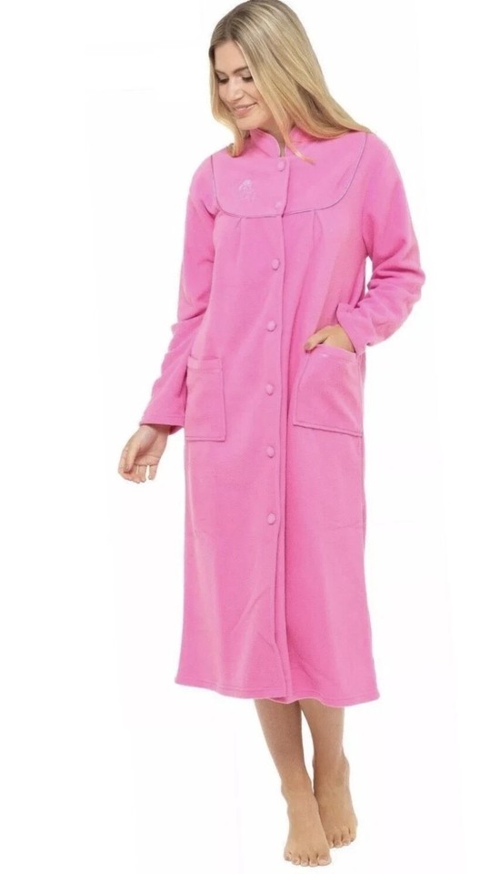 Ladies Long Warm Soft Fleece Button Front Dressing Gown Robe Nightwear ...