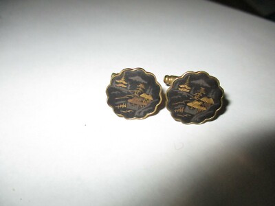 Vintage AMITA Damascene Cufflinks, Japan, Gold Silver Inlay, Village/Mt ...