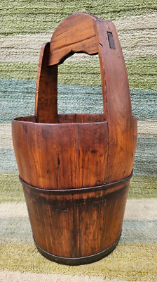 Antique Primitive Hand Made Iron bound Wooden Handle Well Water Bucket ...