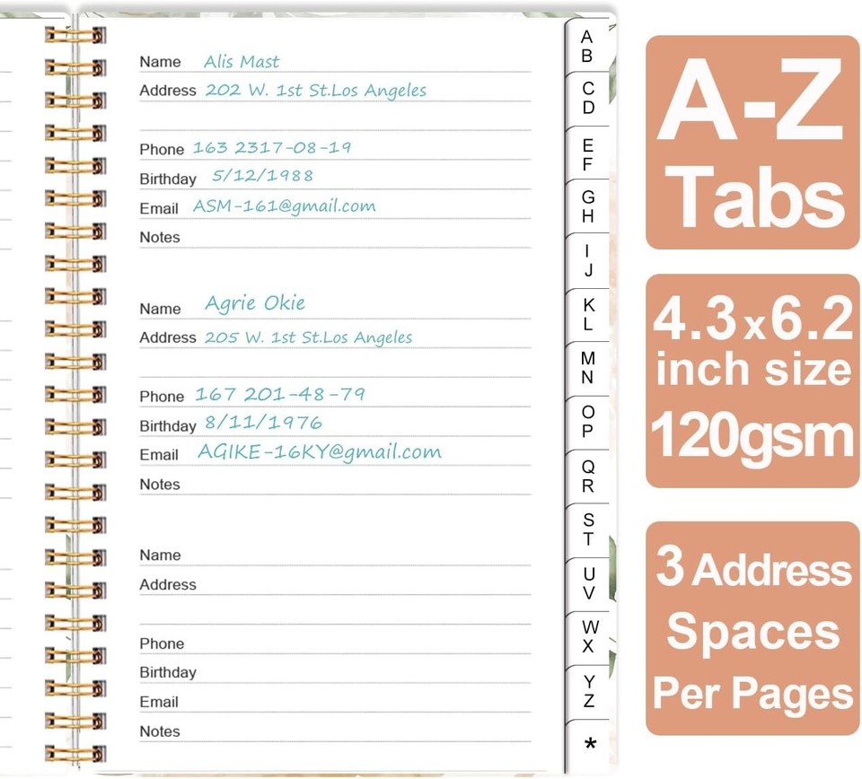 Address Book with Alphabetical Tabs Small Spiral Notebook Contacts ...