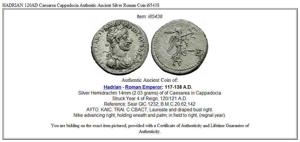 HADRIAN 120AD Caesarea Cappadocia Authentic Ancient Silver Roman Coin ...