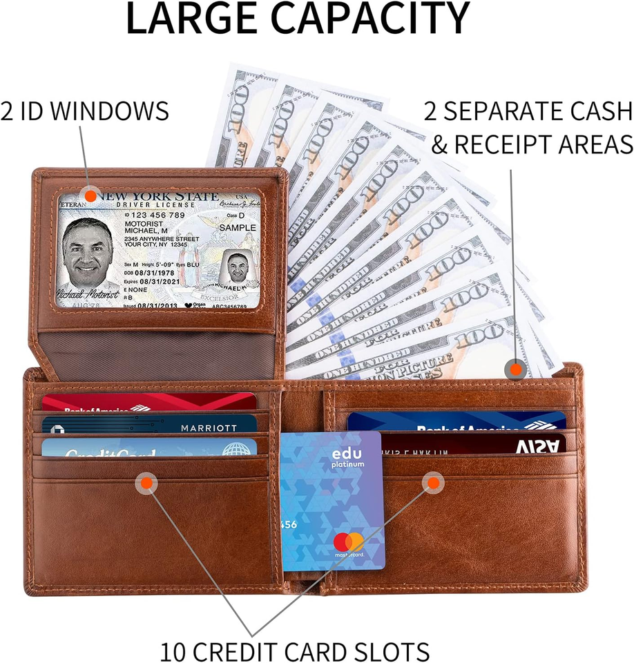 Mens Genuine Leather Bifold Wallet RFID Blocking with 2 ID Windows ...