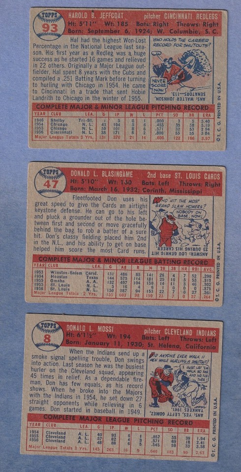3 1957 TOPPS CARDS EX/EX+ just tip wear-no creases-clean SEE SCANS F/B ...