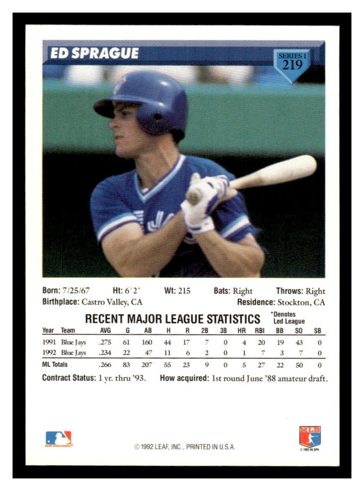 1993 Donruss #219 Ed Sprague - Toronto Blue Jays | eBay