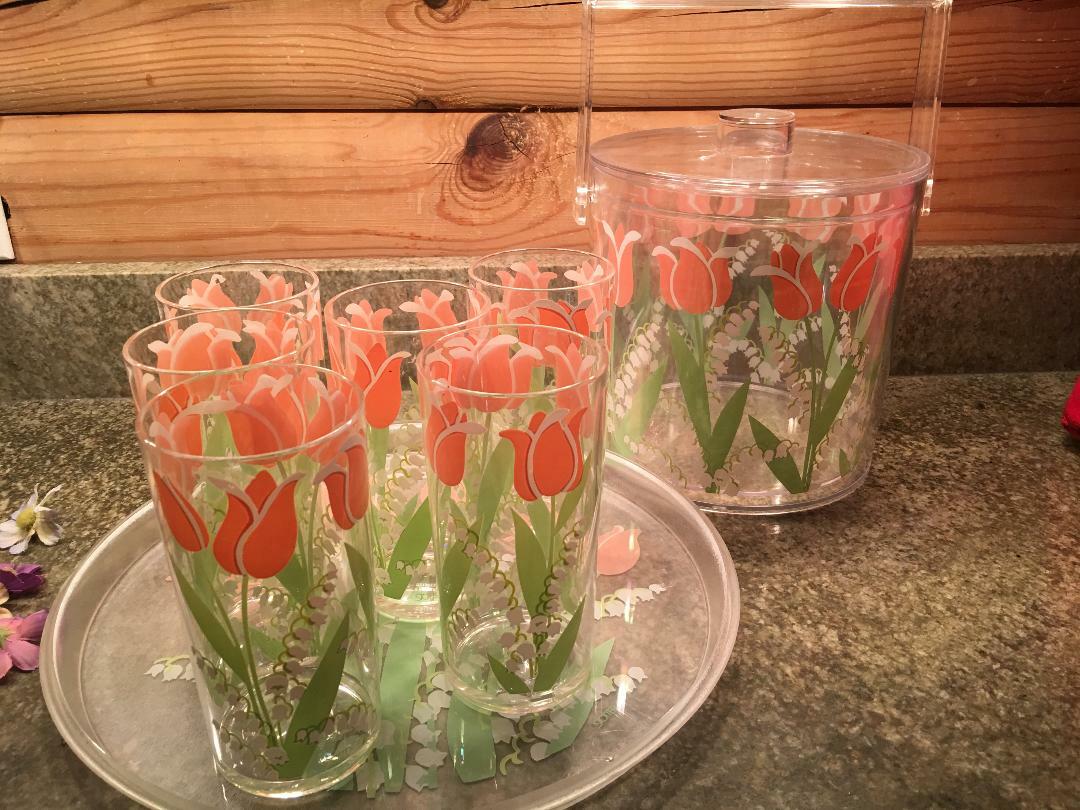 H.J. Stotter Mid Century Acrylic Glasses Ice Bucket Tray Tulips & Lilly ...