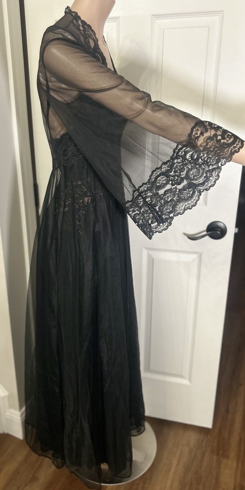 Vtg 60s 70s Glydons M Black Lace Lingerie Dress Nightgown Robe Peignoir ...
