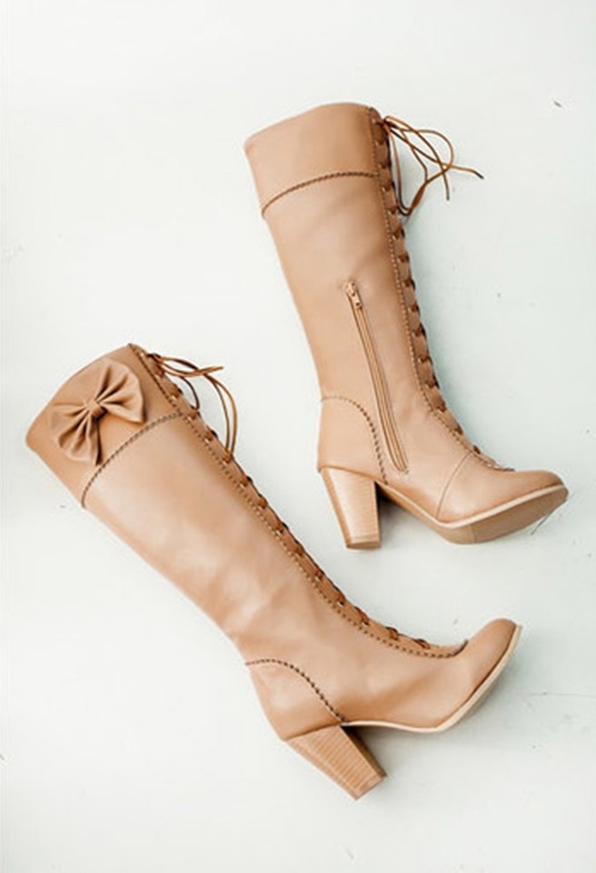 Women's Fashion Round Toe Lace Up Zip Shoes PU Leather Over The knee ...