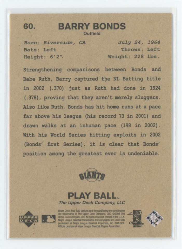 2003 Upper Deck Play Ball Barry Bonds #60 | eBay