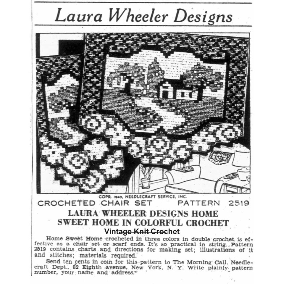 Vtg Cameo Filet Crochet House Chair Doily Pattern Mail Order Design ...