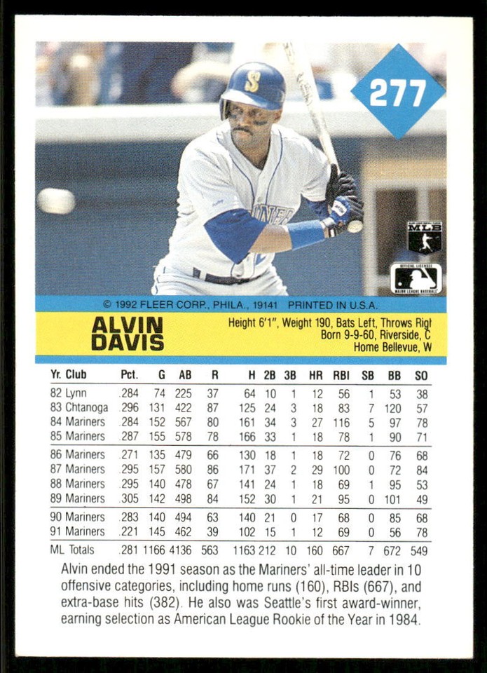 1992 Fleer #277a Alvin Davis | eBay
