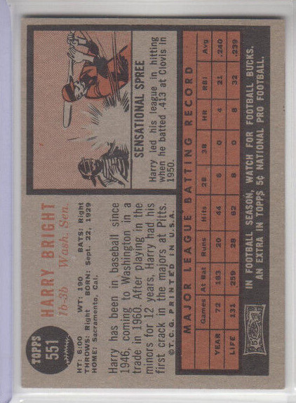 1962 Topps HIGH # 551 - HARRY BRIGHT - WASHINGTON SENATORS - EXMT | eBay