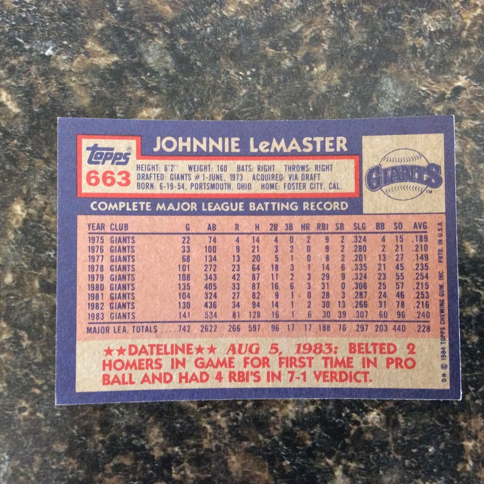 1984 Topps #663 Johnnie LeMaster San Francisco Giants | eBay