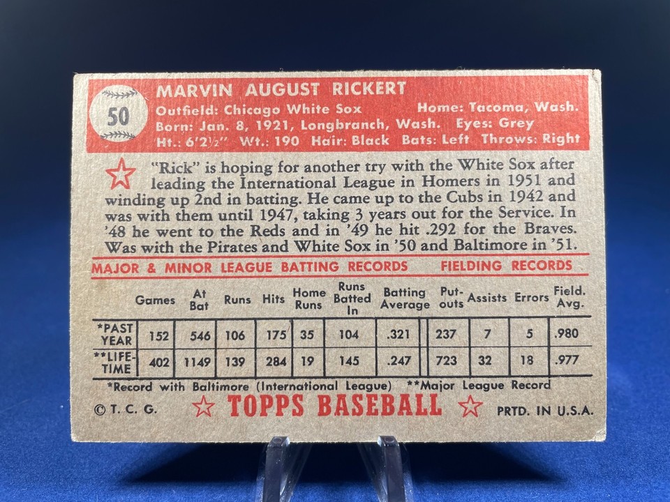 1952 Topps Baseball Card Marv Rickert #50 Chicago White Sox | eBay