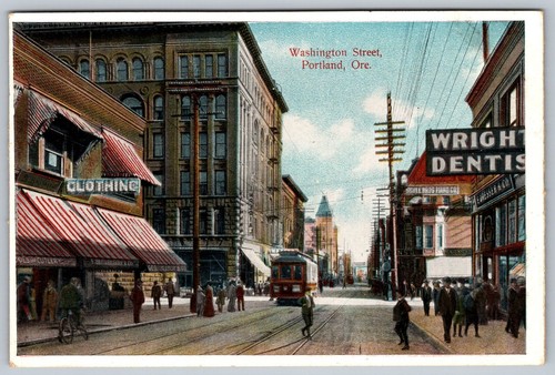 Busy Washington Street Portland Oregon OR Street Scene Trolley c1908 ...