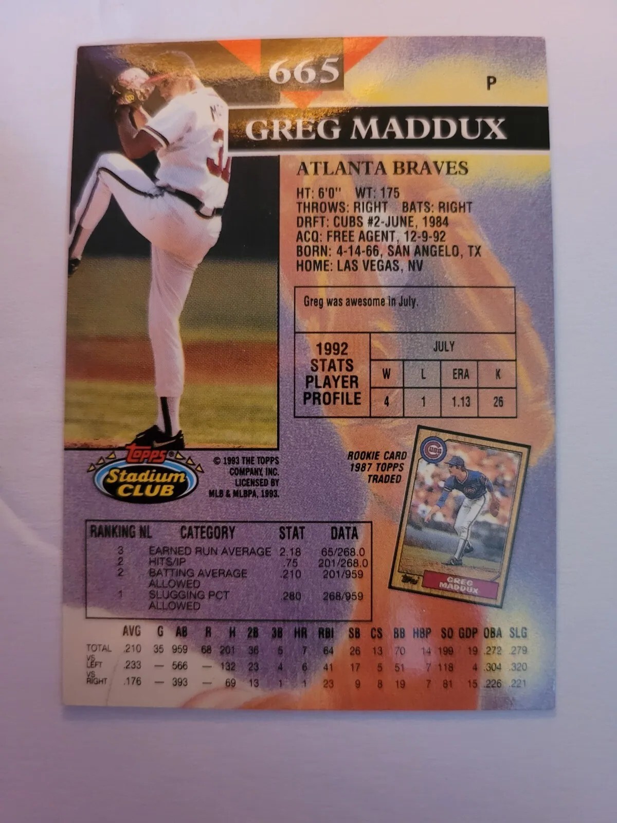 1993 Topps Stadium Club - 1st Day Issue #665 Greg Maddux for sale ...