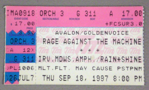 Rage Against The Machine! Ticket Stub IRVINE MEADOWS (RIP!) 9/18/97 Wu ...