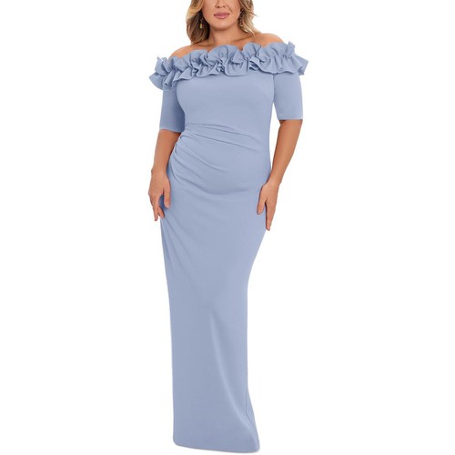 Xscape Womens Blue Crepe Ruffled Formal Evening Dress Gown Plus 18W ...