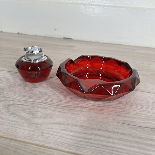 Vtg Viking Glass Ruby Red Table Cigarette Lighter & Ashtray 2 Pc ...