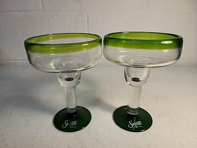 2 Margarita Glasses 16oz Thick Hand-Blown Green Rim & Base Sauza ...