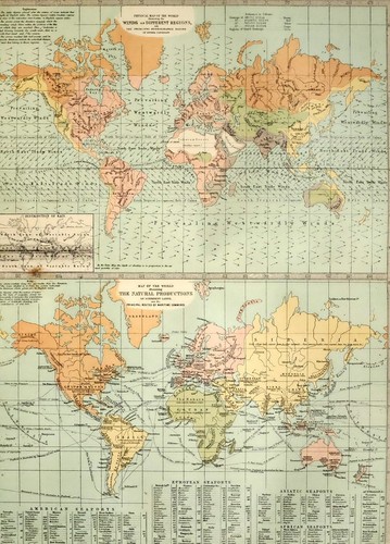 1875 ANTIQUE MAP WORLD PREVAILING WINDS DISTRIBUTION RAIN NATURAL ...