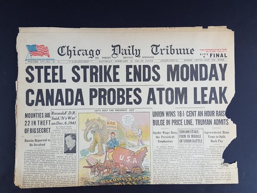 Steel Strike Ends Monday 1946 Old Newspaper Chicago Tribune Feb 16 | eBay