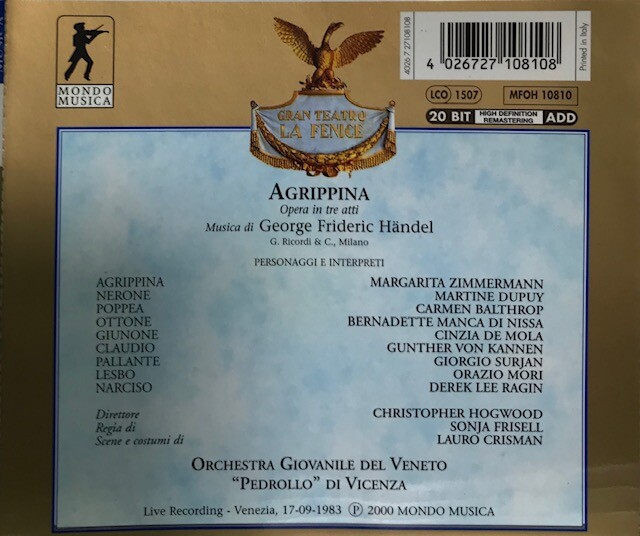 G.F. Handel: Agrippina Opera in Tre Atti (3 CD Set 2000 Mondo Musica ...