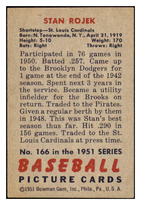 1951 BOWMAN #166 STAN ROJEK CARDINALS EX-MT SET BREAK 488541 (KYCARDS ...