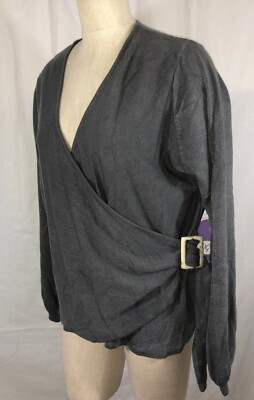 DG2 Diane Gilman Grey Surplice Wrap Gold Buckle Sweater 1X | eBay