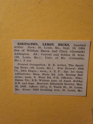 Leroy Addington Baseball Writer St. Louis 1928 All-American Sports ...