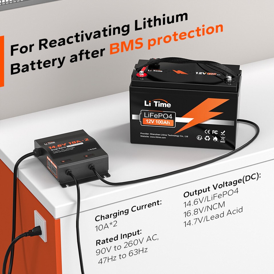 LiTime 2 Bank 12V(14.6V) 10A Smart Battery Charger for LiFePO4 Lithium ...