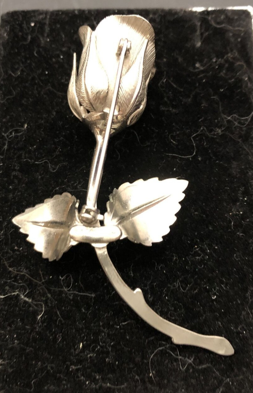 Vintage GIOVANNI Long Stem Rose Flower Brooch Pin Sil… - Gem