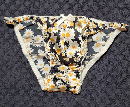VTG Style Double SILK Shiny String Bikini Panty Floral Print 5/S YELLOW ...