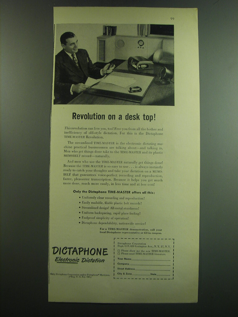 1949 Dictaphone Time-Master Dictation Machine Ad - Revolution on a desk ...