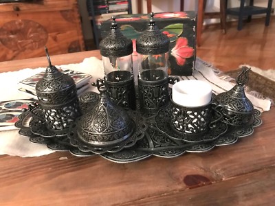 Turkish Coffee Water Tea Mix Set Porcelain Glass Ottoman Tulip Holder ...