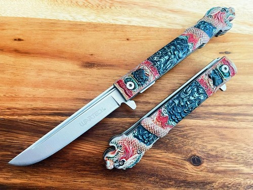 10" Dragon Faux Ivory Handle Spring Assisted Open Blade EDC Folding ...