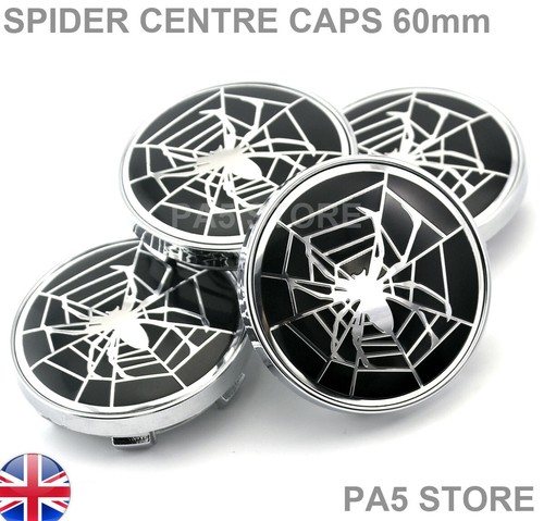 4x Spider Centre Caps 60mm Black Chrome Spiderman Universal Wheel Hub ...
