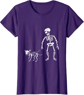 Skeleton And Dog Lazy Halloween Costume Funny Skull Ladies' Crewneck T ...