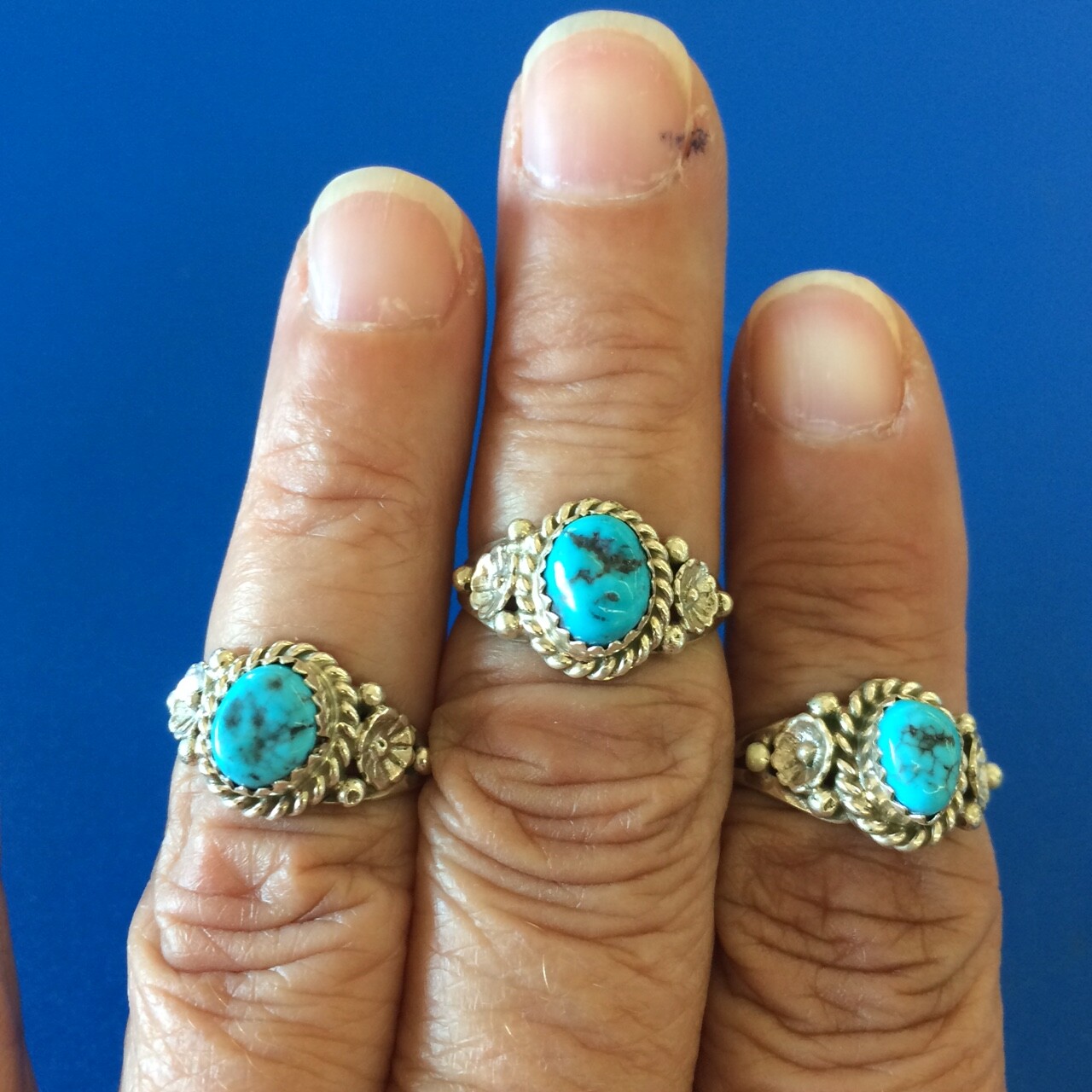 Native Ring Sterling Silver Blue Turquoise Double Flower Indian FREE ...