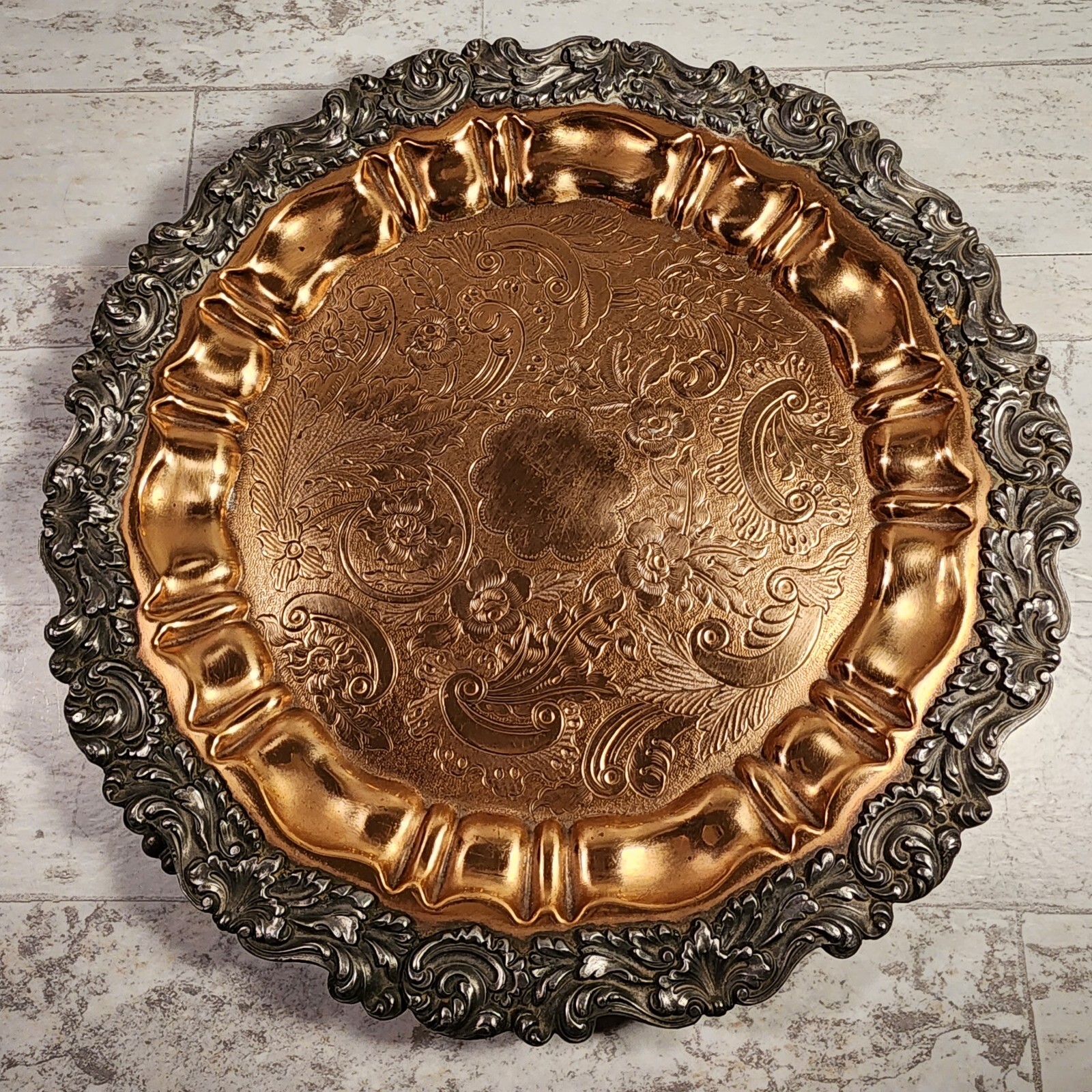 Rare Tray Copper Debossed Colored 10"in Footed Floral Pattern Metal ...