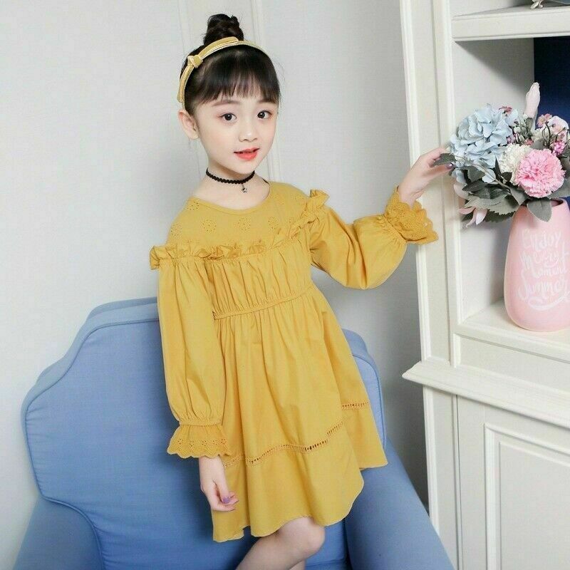 Girls Lace Floral Dress Drop-shoulder Flared Sleeve Hollow Ruffles ...