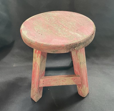 Vintage Small Round Wooden 4 Legged Stool Rustic Red For Child Doll ...