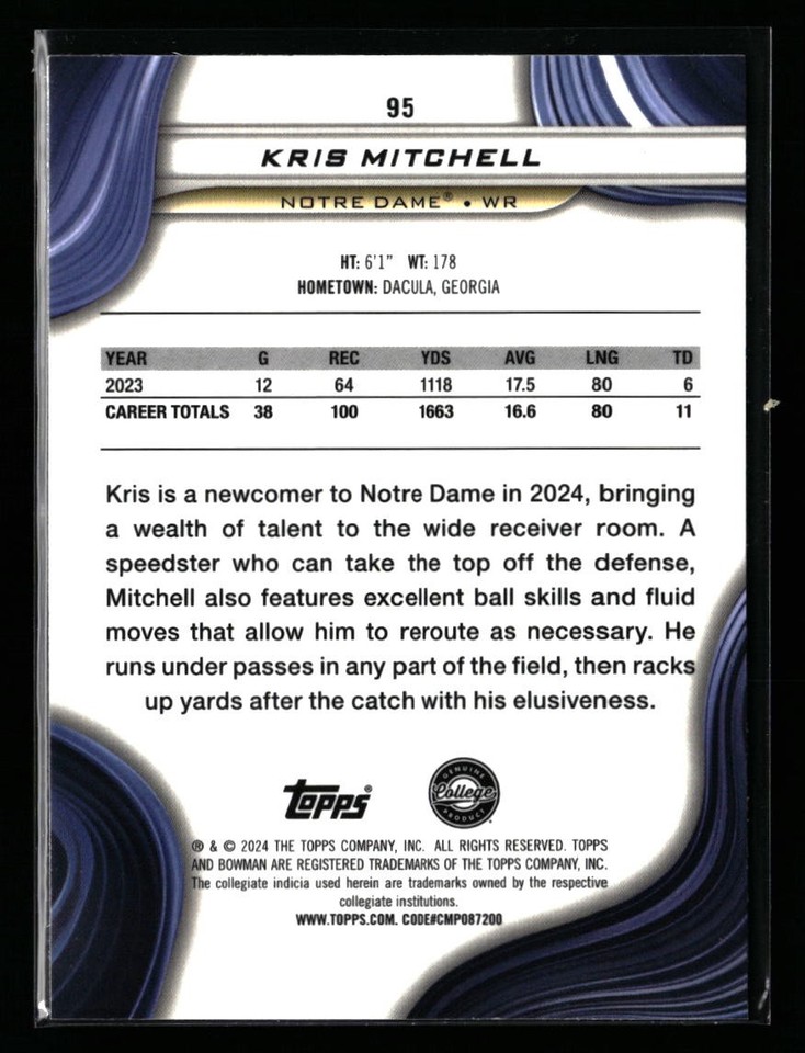 Kris Mitchell 2024 Bowman University Best #95 Purple Refractor #/125 Notre Dame | eBay