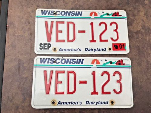 Set of 2001 Red on White WISCONSIN AUTO CAR TRUCK LICENSE Plate TAG VED ...
