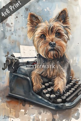 Dog Yorkshire Terrier with typewriter watercolor Art 4x6 Print | eBay