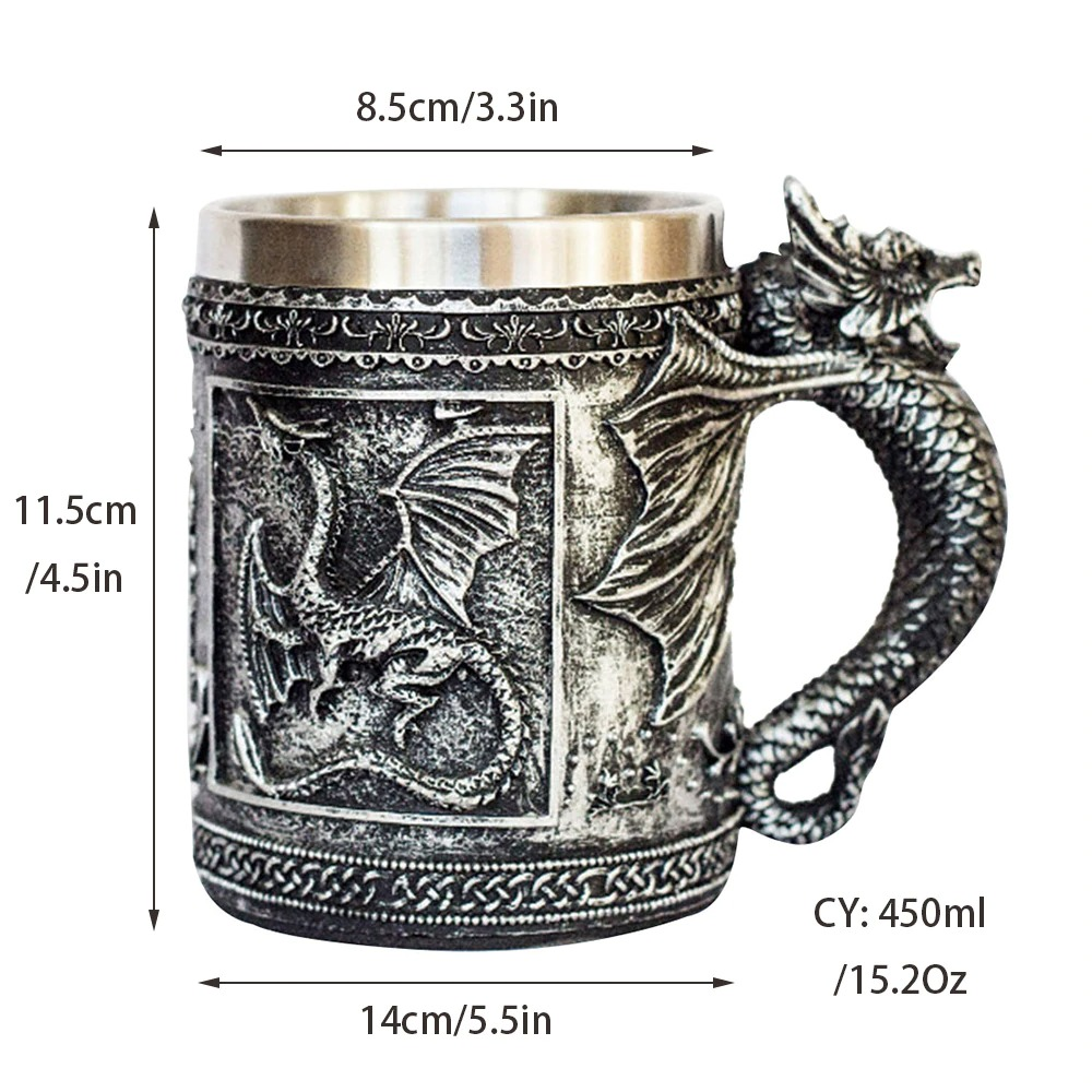 Medieval Dragon Resin Stainless Steel Beer Cup Unique Coffee Tea Mug ...