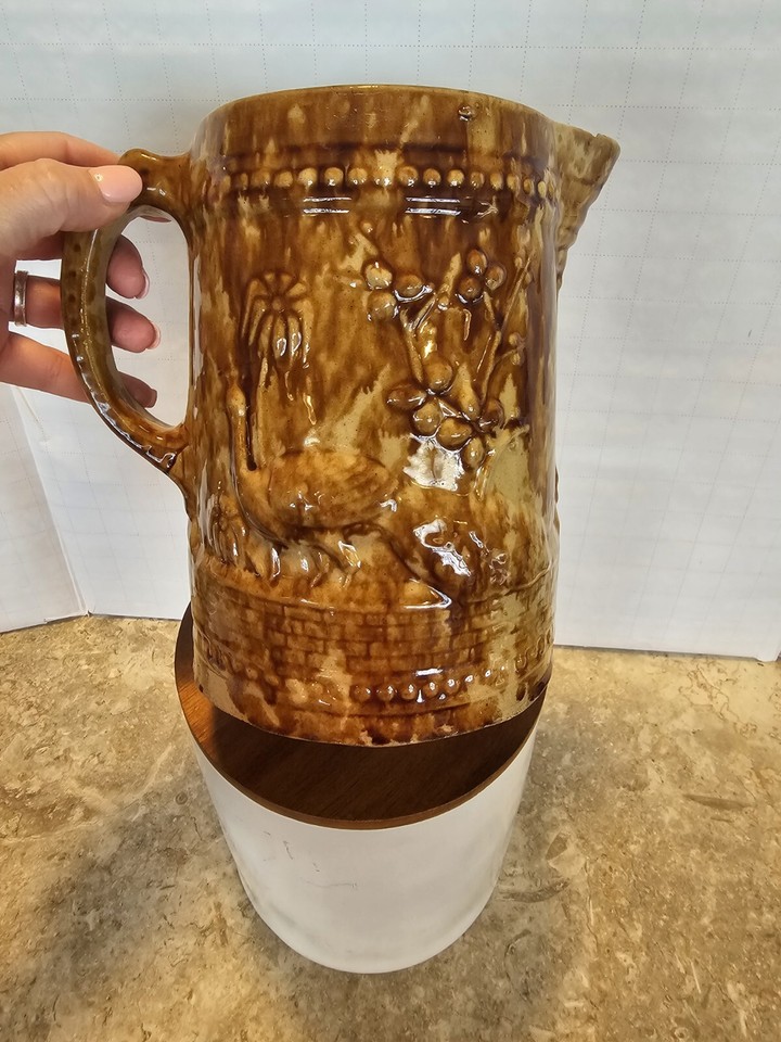 Antique Bennington Pottery Pitcher Rockingham Brown Glaze Peacock ...