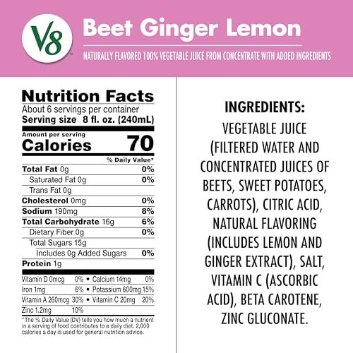 V8 Beet Ginger Lemon 100% Vegetable Juice, 46 fl oz Bottle 1 Pack ...